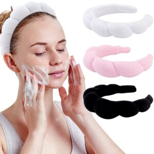 whavel 3 pack spa headband skincare headbands, makeup headband sponge terry cloth headbands face wash headband puffy hair band for washing face women girls (white, pink, black)