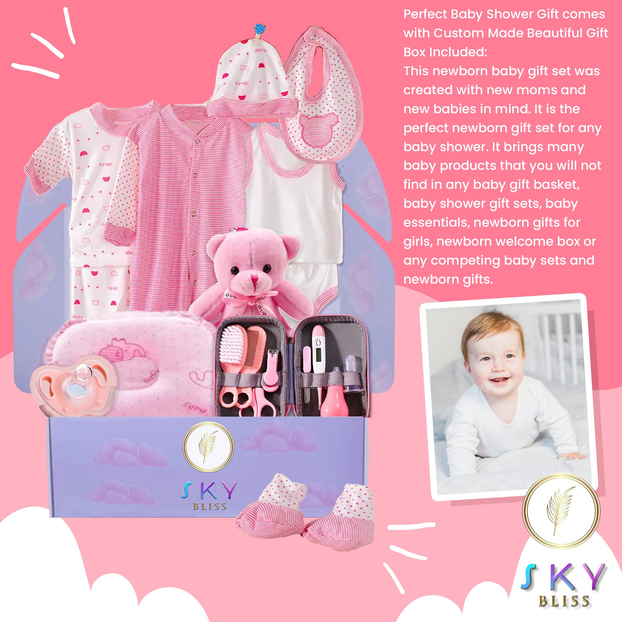 Sky Bliss 20 Piece Baby Gift Set (Pink), Newborn Baby Gift Set, Baby Clothes, Teddy Bear, Pacifier, Baby Grooming kit, Gifts for a New Baby Girl, Baby Girl Newborn Essentials