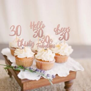 30PCS 30th Birthday Cupcake Toppers Glitter Thirty Hello 30 Cupcake Picks Cheers to 30 Fabulous Cake Decoration for Happy 30th Birthday Wedding Anniversary Party Decorations Supplies Rose Gold