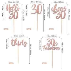 30PCS 30th Birthday Cupcake Toppers Glitter Thirty Hello 30 Cupcake Picks Cheers to 30 Fabulous Cake Decoration for Happy 30th Birthday Wedding Anniversary Party Decorations Supplies Rose Gold