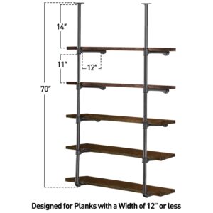 HITOMEN Industrial Iron Pipe Shelves, 2 Set 5-Tier, 70" Tall, 12" Depth, DIY Open Bookshelf Bookcase, Wall Mounted Vintage Retro Shelving, Rustic Farmhouse Pantry Kitchen Storage, Black Shelf Brackets