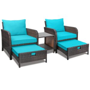 leveleve balcony furniture 5 piece patio conversation set, pe wicker rattan outdoor lounge chairs with soft cushions 2 ottoman&glass table for porch, lawn-brown wicker