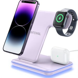 Intoval Charging Station for Apple iPhone/iWatch/Airpods, 3 in 1 Wireless Charger for iPhone15/14/13(Pro, Pro Max) 12/11/XS/XR, iWatch9/8/Ultra/7/6/SE/5/4/3/2, Airpods Pro2/Pro1/3/2/1 (Z5,Lilac)