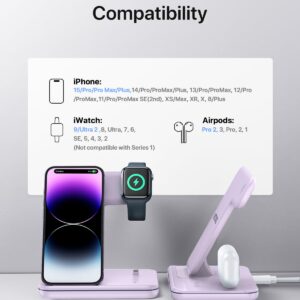 Intoval Charging Station for Apple iPhone/iWatch/Airpods, 3 in 1 Wireless Charger for iPhone15/14/13(Pro, Pro Max) 12/11/XS/XR, iWatch9/8/Ultra/7/6/SE/5/4/3/2, Airpods Pro2/Pro1/3/2/1 (Z5,Lilac)