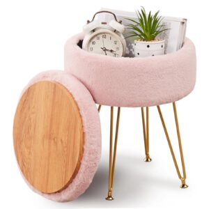 cplxroc ottomans round faux fur ottoman with storage footstools vanity chair coffee table ottoman for living room (pink)