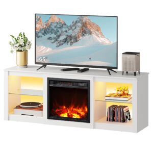 wlive fireplace tv stand for tvs up to 65 inch, electric fireplace tv console with led lights, modern tv stand for living room, entertainment console with glass shelves, white