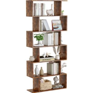 yusong geometric bookcase, bookshelf 6-tier s shaped book shelves for bedroom, modern wood decorative display shelf tall book case for home office, rustic brown