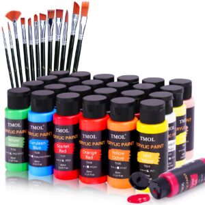 acrylic paint set, 24 colors (2 oz/bottle) with 12 art brushes, art supplies for painting canvas, wood, ceramic & fabric, rich pigments lasting quality for beginners, students & professional artist