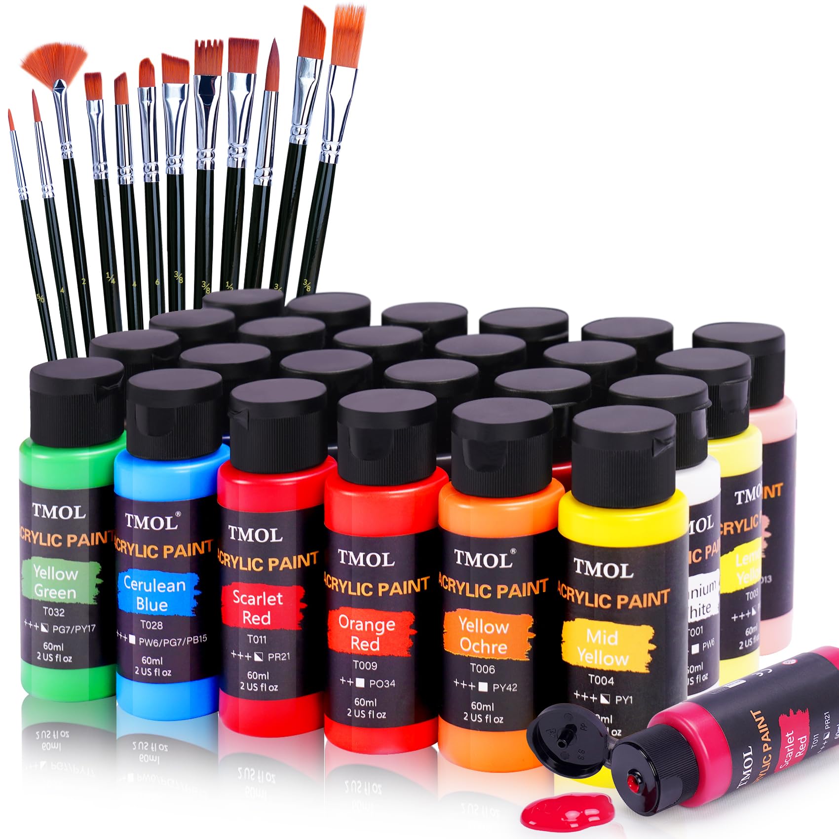 Acrylic Paint Set, 24 Colors (2 oz/Bottle) with 12 Art Brushes, Art Supplies for Painting Canvas, Wood, Ceramic & Fabric, Rich Pigments Lasting Quality for Beginners, Students & Professional Artist