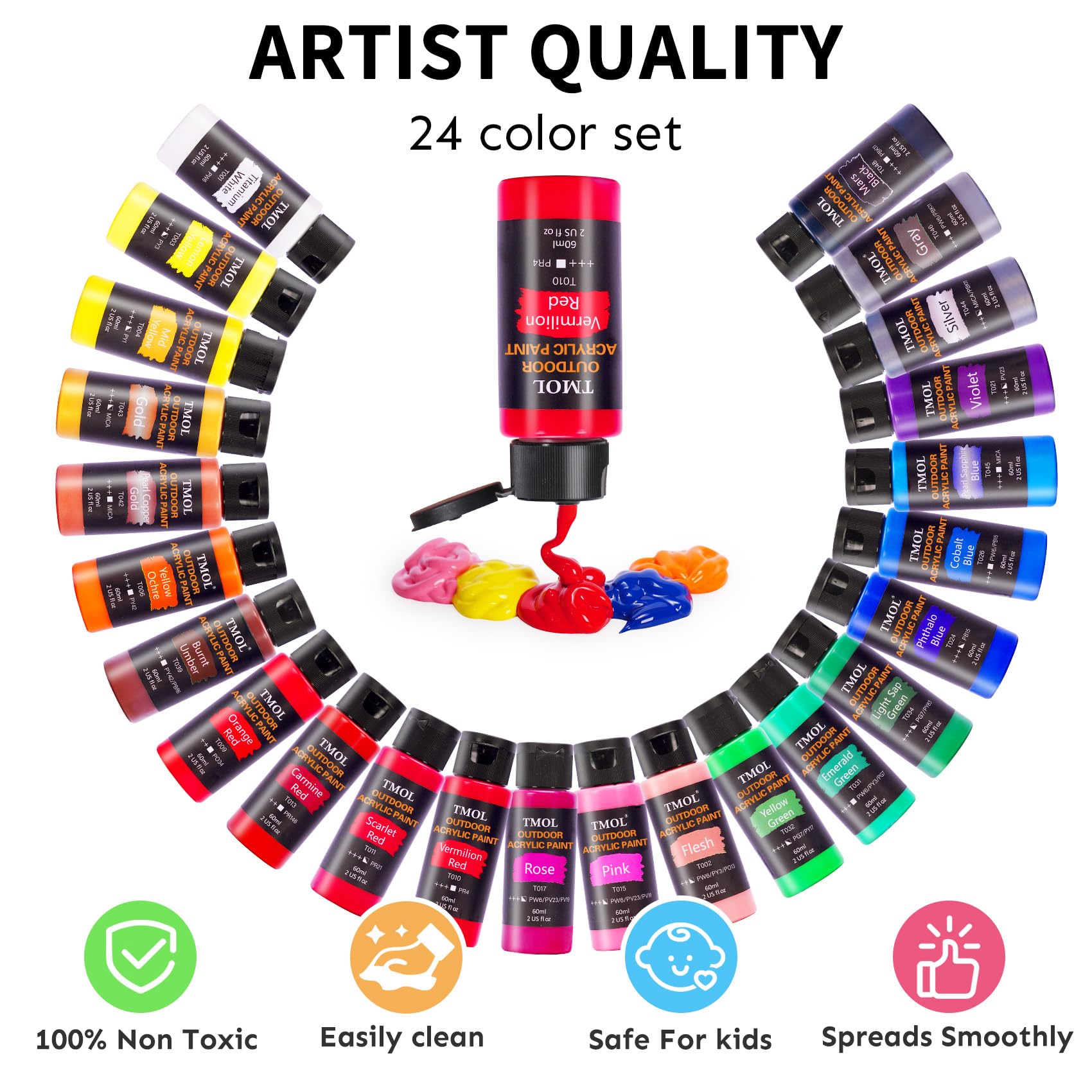 Acrylic Paint Set, 24 Colors (2 oz/Bottle) with 12 Art Brushes, Art Supplies for Painting Canvas, Wood, Ceramic & Fabric, Rich Pigments Lasting Quality for Beginners, Students & Professional Artist