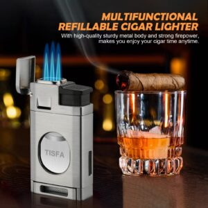 TISFA Cigar Torch Lighter, Cigar Lighter with Built in Cigar Cutter, Triple Jet Flame Butane Lighter with Visible Window, Refillable Butane Windproof Lighters (Silver)