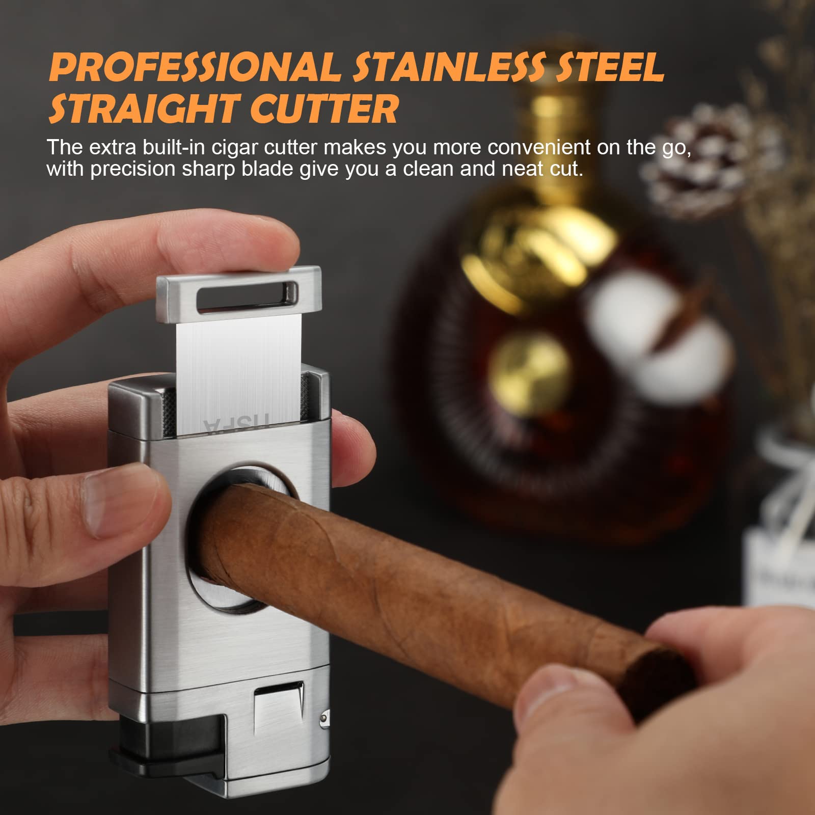 TISFA Cigar Torch Lighter, Cigar Lighter with Built in Cigar Cutter, Triple Jet Flame Butane Lighter with Visible Window, Refillable Butane Windproof Lighters (Silver)