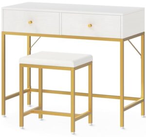 superjare 35.4" white and gold desk with 2 drawers, modern makeup vanity desk with padded stool, small computer desk home office desk for writing study bedroom