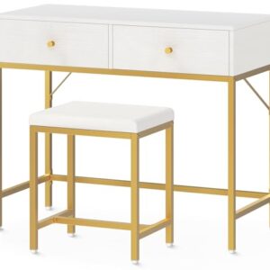 SUPERJARE 35.4" White and Gold Desk with 2 Drawers, Modern Makeup Vanity Desk with Padded Stool, Small Computer Desk Home Office Desk for Writing Study Bedroom