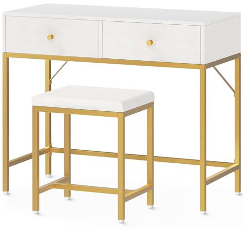 SUPERJARE 35.4" White and Gold Desk with 2 Drawers, Modern Makeup Vanity Desk with Padded Stool, Small Computer Desk Home Office Desk for Writing Study Bedroom