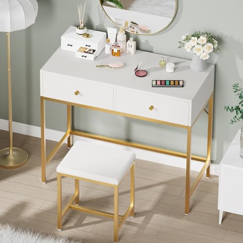 SUPERJARE 35.4" White and Gold Desk with 2 Drawers, Modern Makeup Vanity Desk with Padded Stool, Small Computer Desk Home Office Desk for Writing Study Bedroom