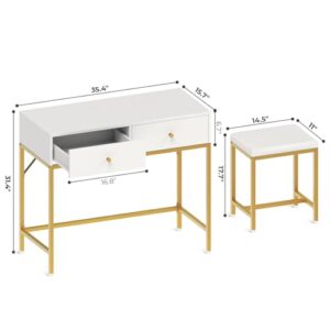 SUPERJARE 35.4" White and Gold Desk with 2 Drawers, Modern Makeup Vanity Desk with Padded Stool, Small Computer Desk Home Office Desk for Writing Study Bedroom