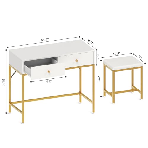 SUPERJARE 35.4" White and Gold Desk with 2 Drawers, Modern Makeup Vanity Desk with Padded Stool, Small Computer Desk Home Office Desk for Writing Study Bedroom