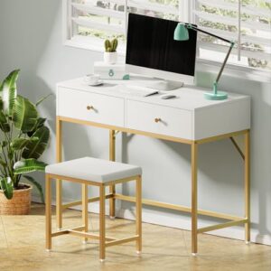 SUPERJARE 35.4" White and Gold Desk with 2 Drawers, Modern Makeup Vanity Desk with Padded Stool, Small Computer Desk Home Office Desk for Writing Study Bedroom