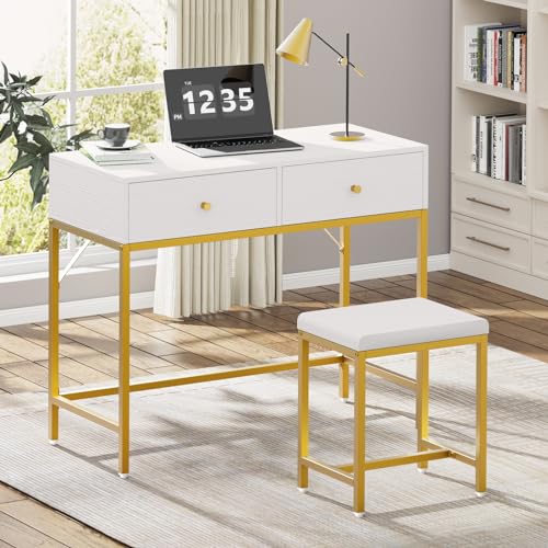 SUPERJARE 35.4" White and Gold Desk with 2 Drawers, Modern Makeup Vanity Desk with Padded Stool, Small Computer Desk Home Office Desk for Writing Study Bedroom