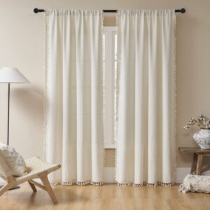 joydeco beige boho curtains 84 inches long 2 panels set, cream boho curtains for bedroom living room, super soft light filtering country rustic semi sheer farmhouse curtains rod pocket