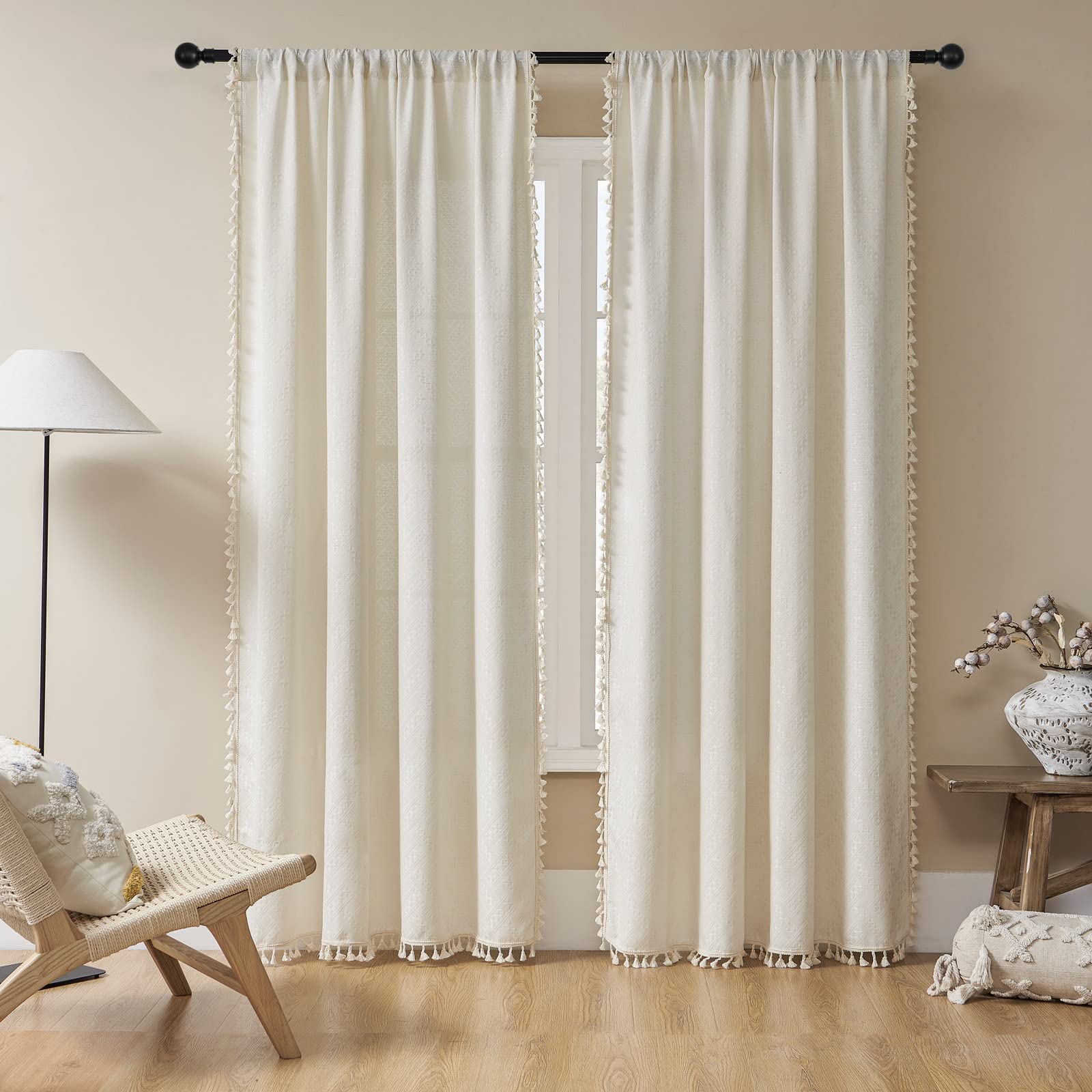 Joydeco Beige Boho Curtains 84 Inches Long 2 Panels Set, Cream Boho Curtains for Bedroom Living Room, Super Soft Light Filtering Country Rustic Semi Sheer Farmhouse Curtains Rod Pocket