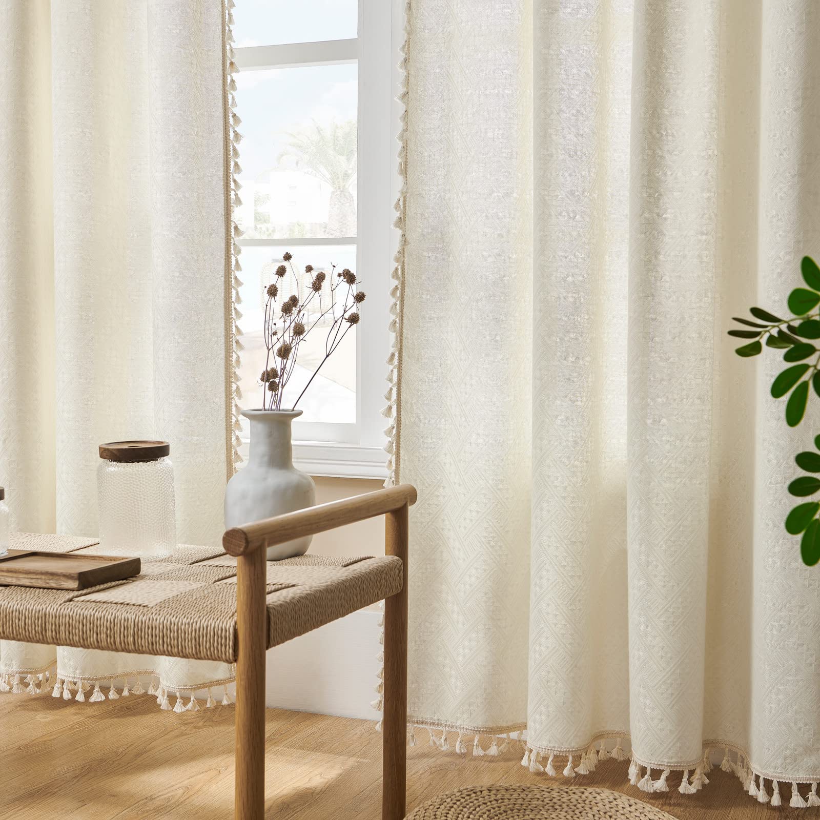 Joydeco Beige Boho Curtains 84 Inches Long 2 Panels Set, Cream Boho Curtains for Bedroom Living Room, Super Soft Light Filtering Country Rustic Semi Sheer Farmhouse Curtains Rod Pocket