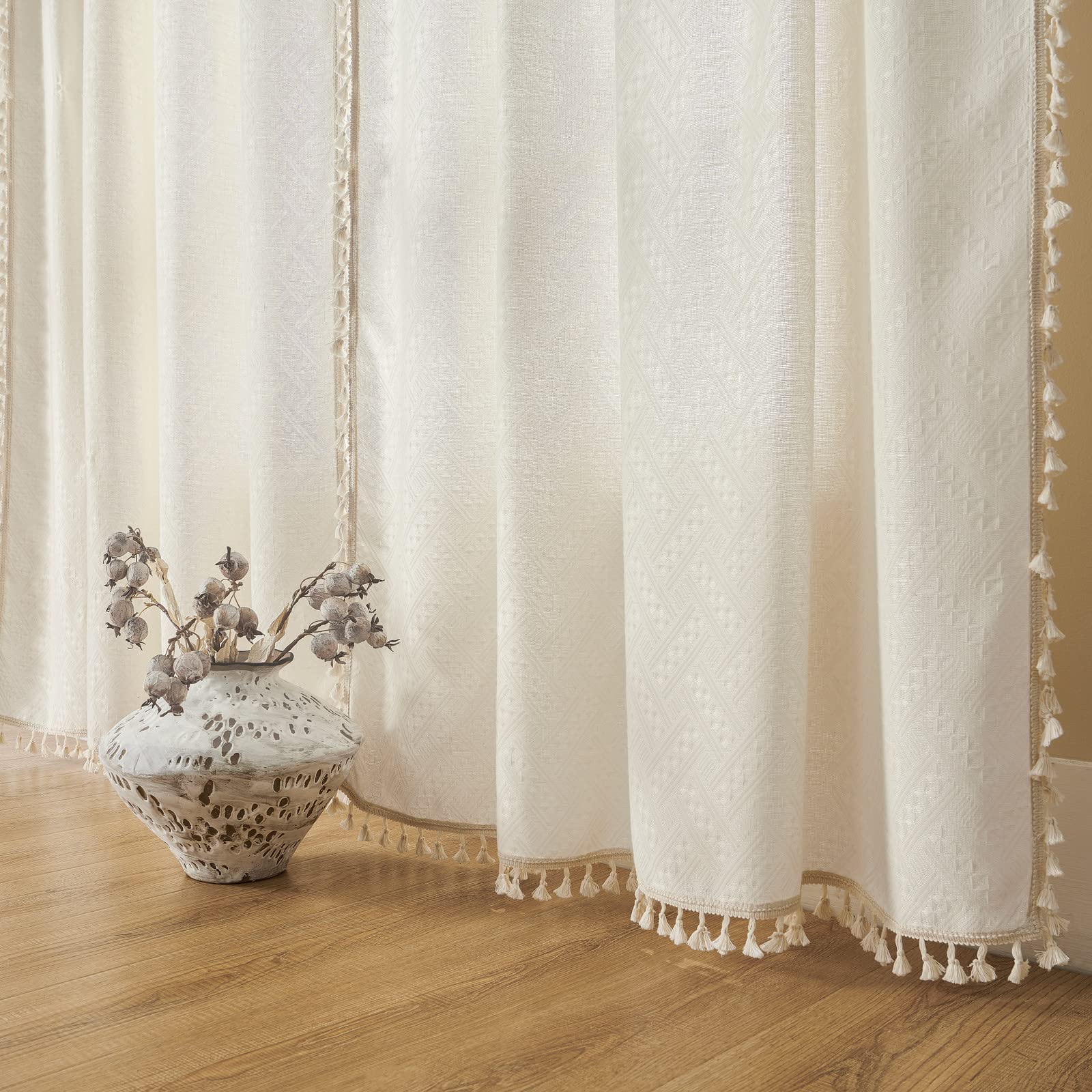 Joydeco Beige Boho Curtains 84 Inches Long 2 Panels Set, Cream Boho Curtains for Bedroom Living Room, Super Soft Light Filtering Country Rustic Semi Sheer Farmhouse Curtains Rod Pocket