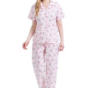 GLOBAL Women's 100% Cotton Pajama Sets | Two-Piece Soft Short-Sleeved and Long Pants PJs for Spring and Summer | Button Down Front Top and Drawstring Waist Bottom Nightwear