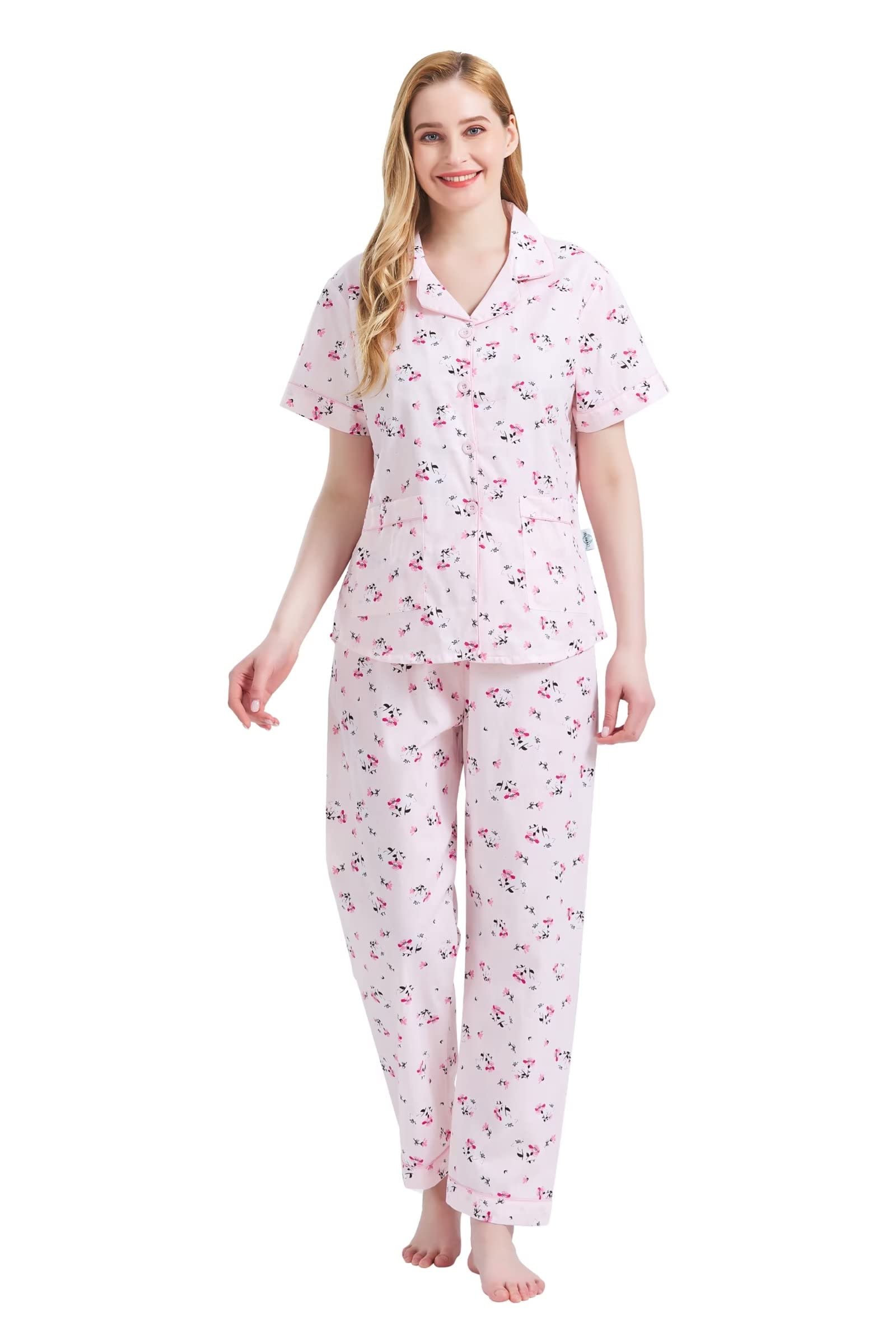 GLOBAL Women's 100% Cotton Pajama Sets | Two-Piece Soft Short-Sleeved and Long Pants PJs for Spring and Summer | Button Down Front Top and Drawstring Waist Bottom Nightwear