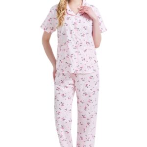 GLOBAL Women's 100% Cotton Pajama Sets | Two-Piece Soft Short-Sleeved and Long Pants PJs for Spring and Summer | Button Down Front Top and Drawstring Waist Bottom Nightwear