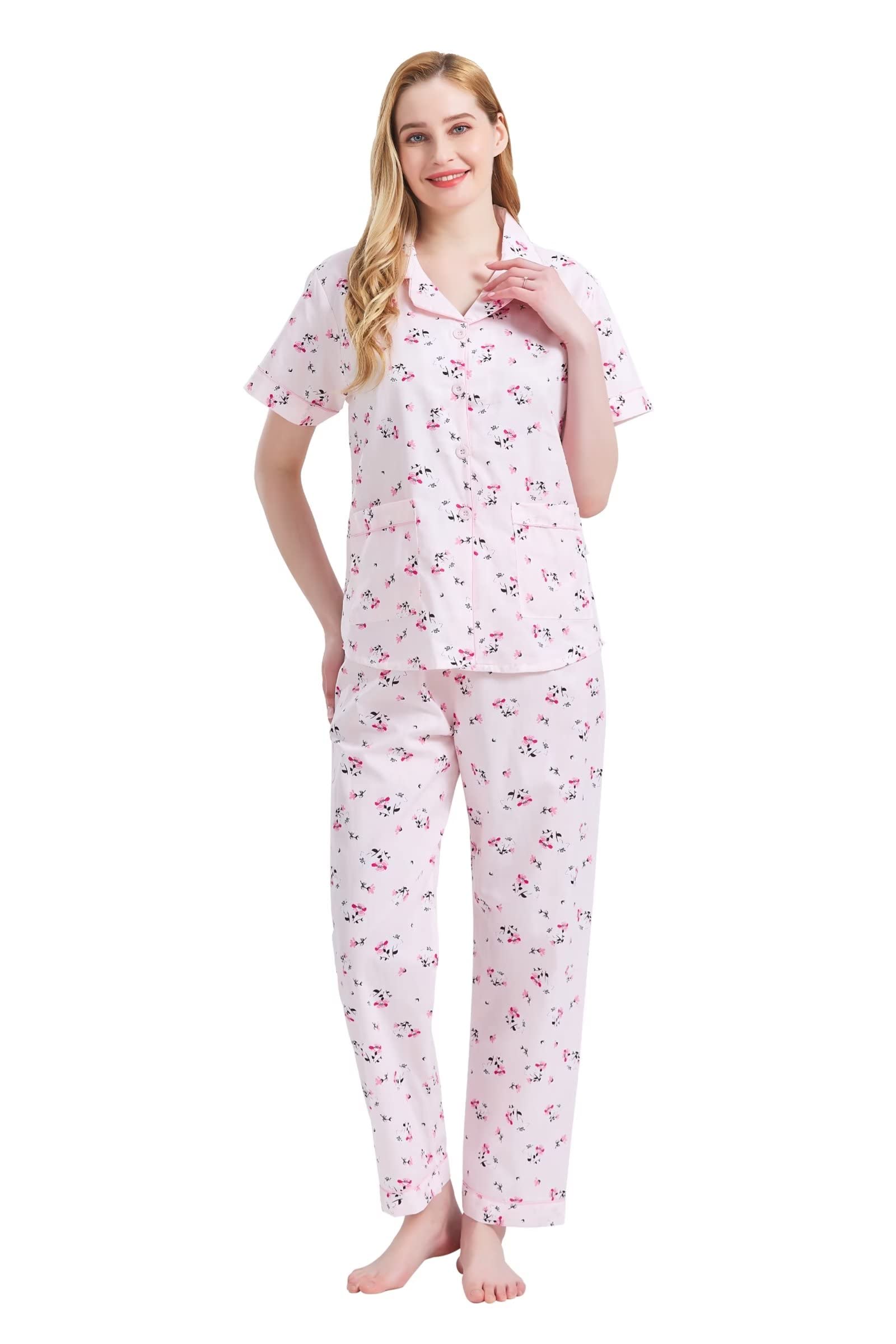 GLOBAL Women's 100% Cotton Pajama Sets | Two-Piece Soft Short-Sleeved and Long Pants PJs for Spring and Summer | Button Down Front Top and Drawstring Waist Bottom Nightwear