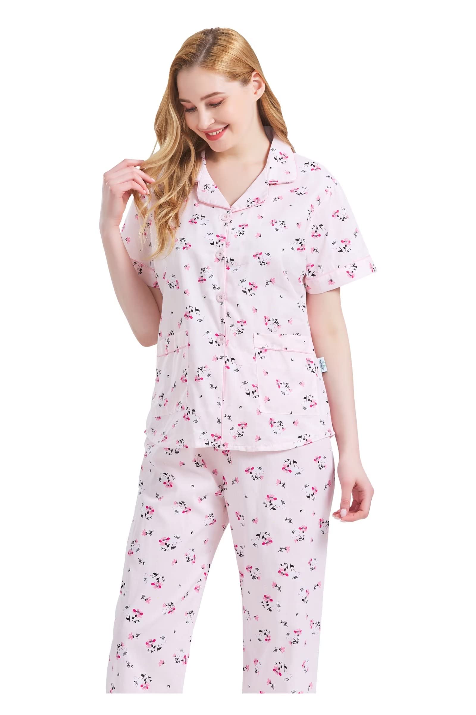 GLOBAL Women's 100% Cotton Pajama Sets | Two-Piece Soft Short-Sleeved and Long Pants PJs for Spring and Summer | Button Down Front Top and Drawstring Waist Bottom Nightwear