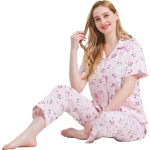 GLOBAL Women's 100% Cotton Pajama Sets | Two-Piece Soft Short-Sleeved and Long Pants PJs for Spring and Summer | Button Down Front Top and Drawstring Waist Bottom Nightwear