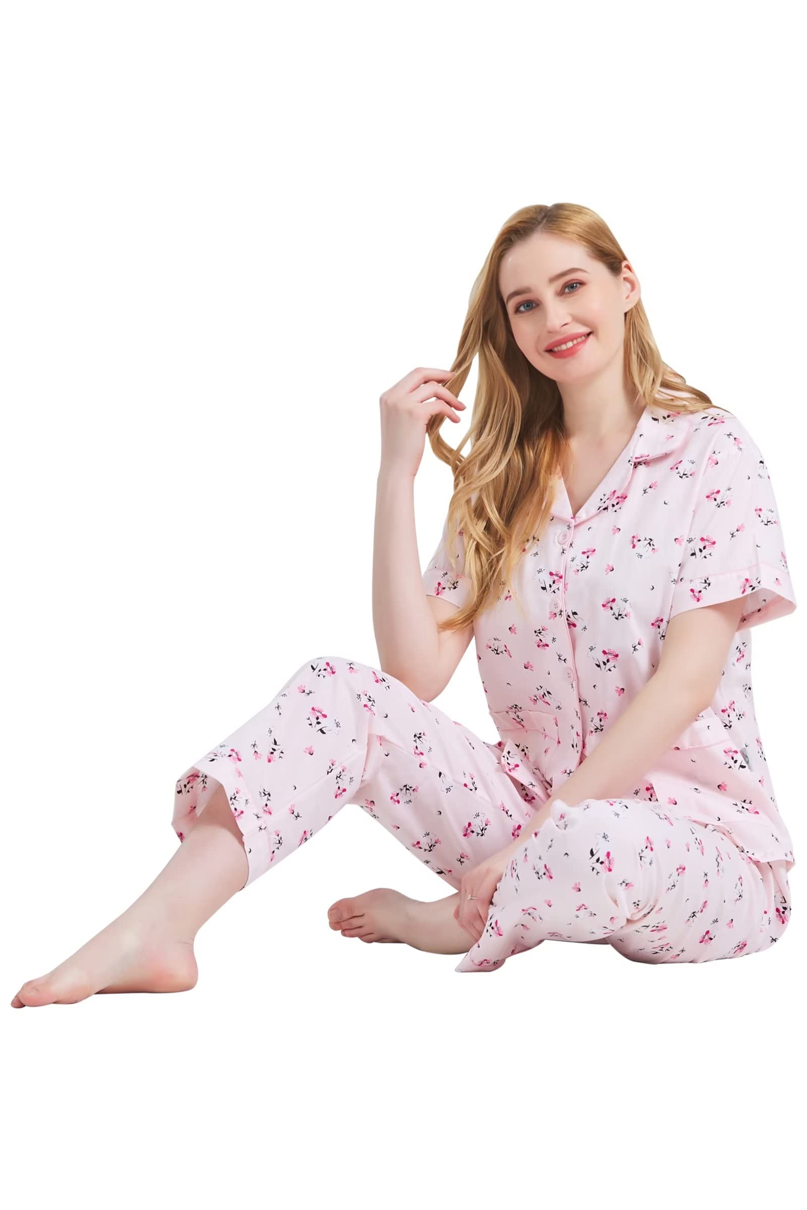 GLOBAL Women's 100% Cotton Pajama Sets | Two-Piece Soft Short-Sleeved and Long Pants PJs for Spring and Summer | Button Down Front Top and Drawstring Waist Bottom Nightwear