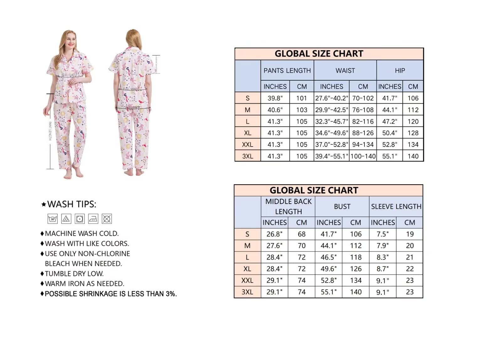 GLOBAL Women's 100% Cotton Pajama Sets | Two-Piece Soft Short-Sleeved and Long Pants PJs for Spring and Summer | Button Down Front Top and Drawstring Waist Bottom Nightwear