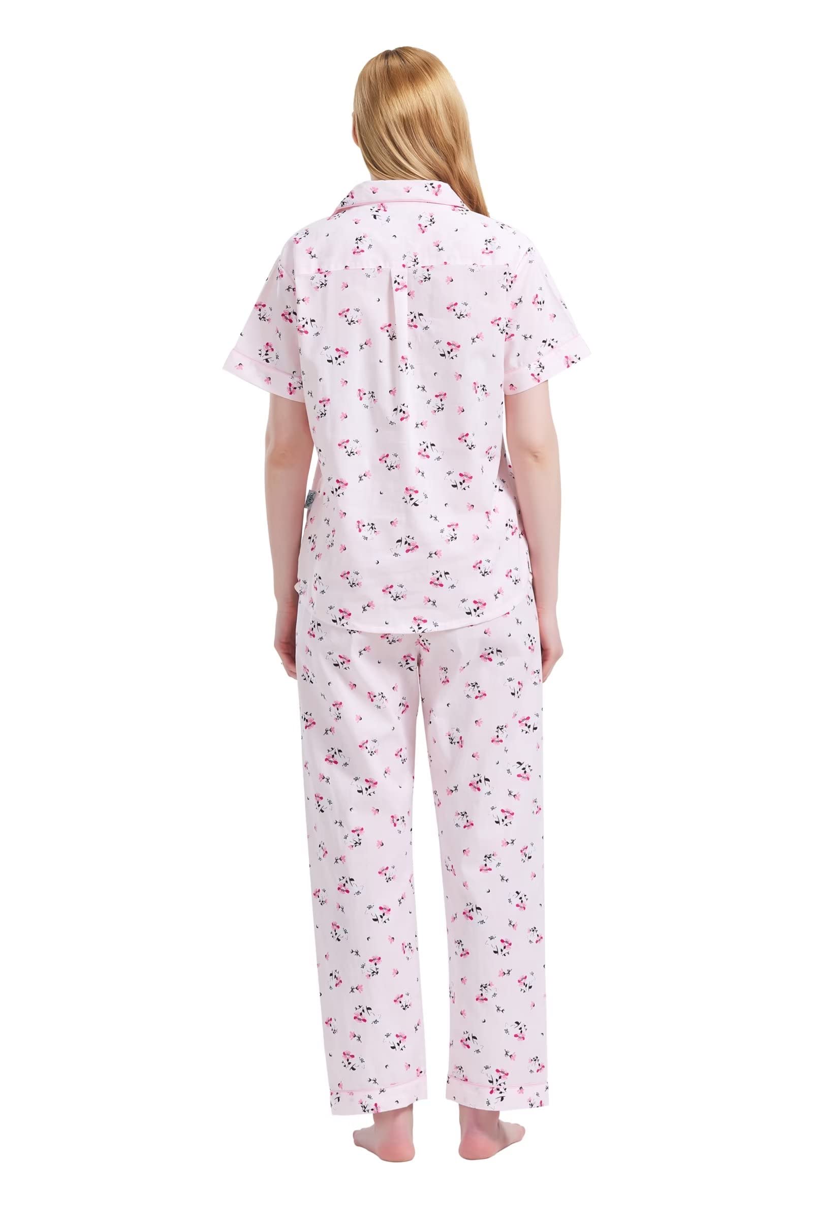 GLOBAL Women's 100% Cotton Pajama Sets | Two-Piece Soft Short-Sleeved and Long Pants PJs for Spring and Summer | Button Down Front Top and Drawstring Waist Bottom Nightwear