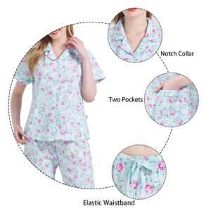 GLOBAL Women's 100% Cotton Pajama Sets | Two-Piece Soft Short-Sleeved and Long Pants PJs for Spring and Summer | Button Down Front Top and Drawstring Waist Bottom Nightwear