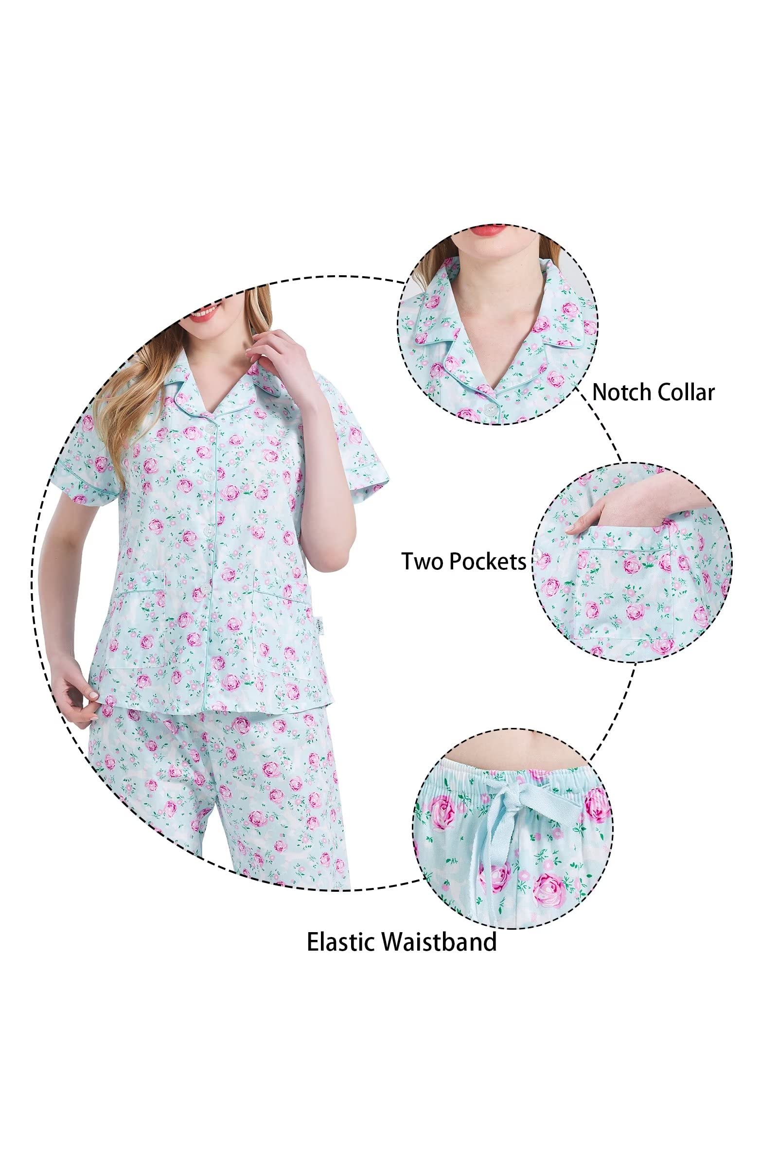 GLOBAL Women's 100% Cotton Pajama Sets | Two-Piece Soft Short-Sleeved and Long Pants PJs for Spring and Summer | Button Down Front Top and Drawstring Waist Bottom Nightwear