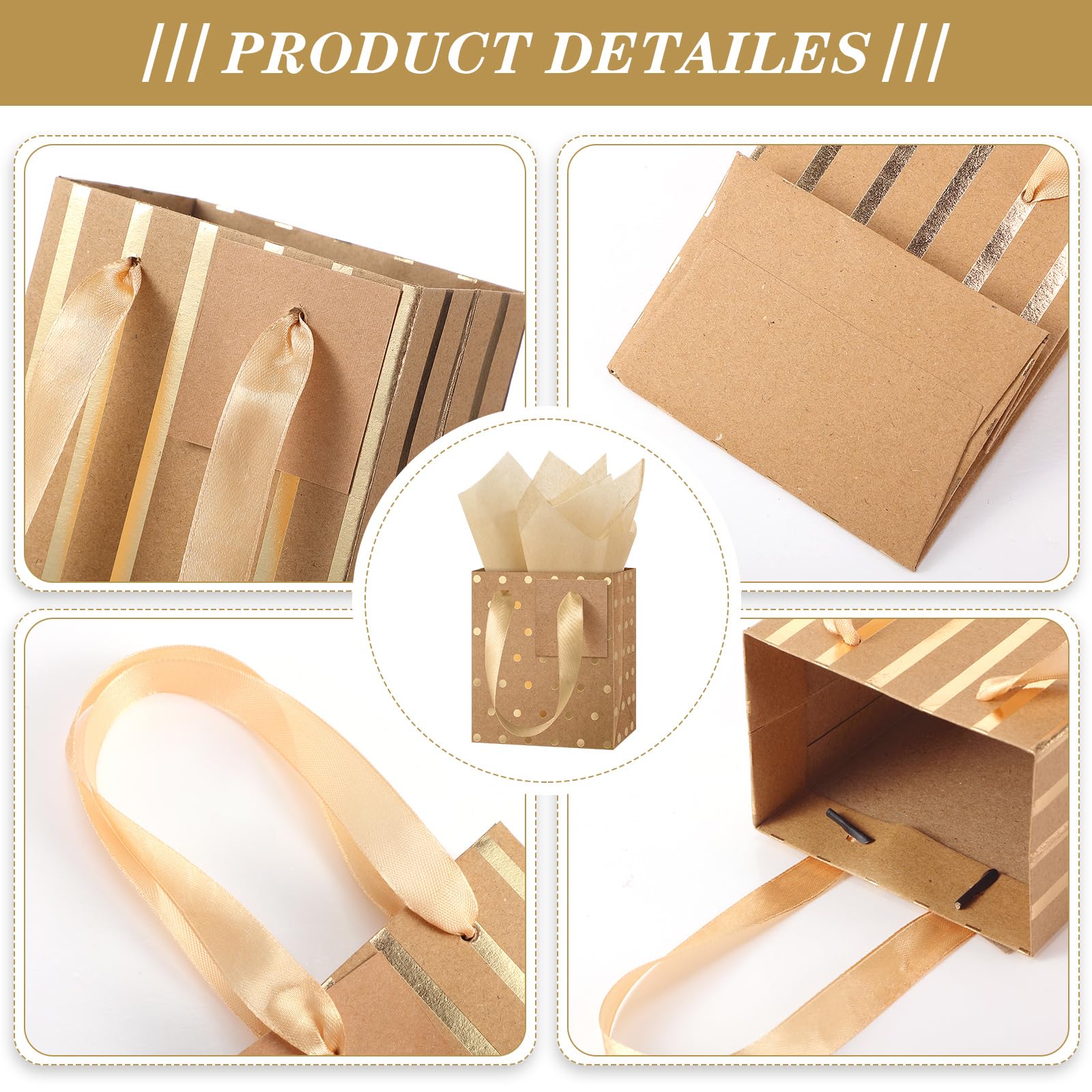 Tenare 12 Pcs Small Gift Bags, Mini Metallic Paper Bags with Handle Tag and Tissue, Wrap Bag for Father's Day Graduation Wedding Baby Shower Birthday Party(Brown Gold, 4 x 2.75 x 4.5 Inch)