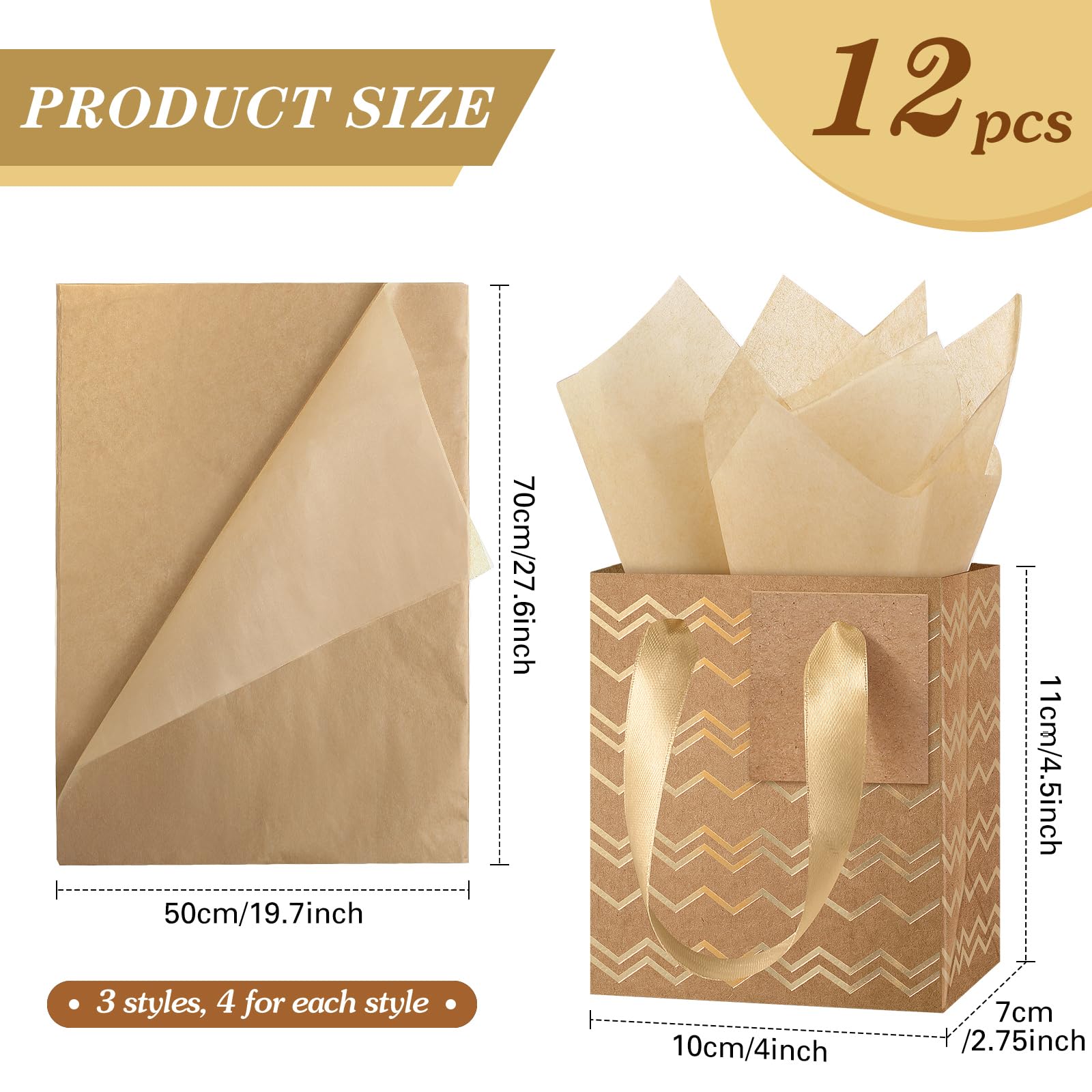 Tenare 12 Pcs Small Gift Bags, Mini Metallic Paper Bags with Handle Tag and Tissue, Wrap Bag for Father's Day Graduation Wedding Baby Shower Birthday Party(Brown Gold, 4 x 2.75 x 4.5 Inch)