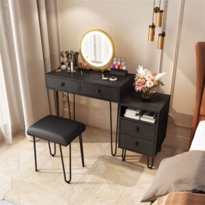 avzear dressing table, vanity table with lighted mirror makeup dressing table with large drawer and 4-drawer chest, 3-color touch screen dimmable mirror with cushioned stool (black)