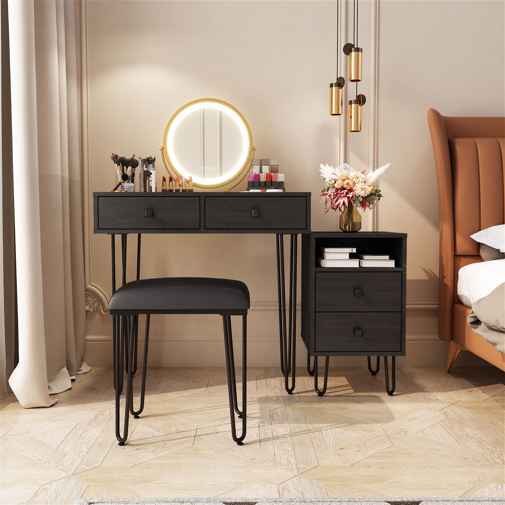 AVZEAR Dressing Table, Vanity Table with Lighted Mirror Makeup Dressing Table with Large Drawer and 4-Drawer Chest, 3-Color Touch Screen Dimmable Mirror with Cushioned Stool (Black)