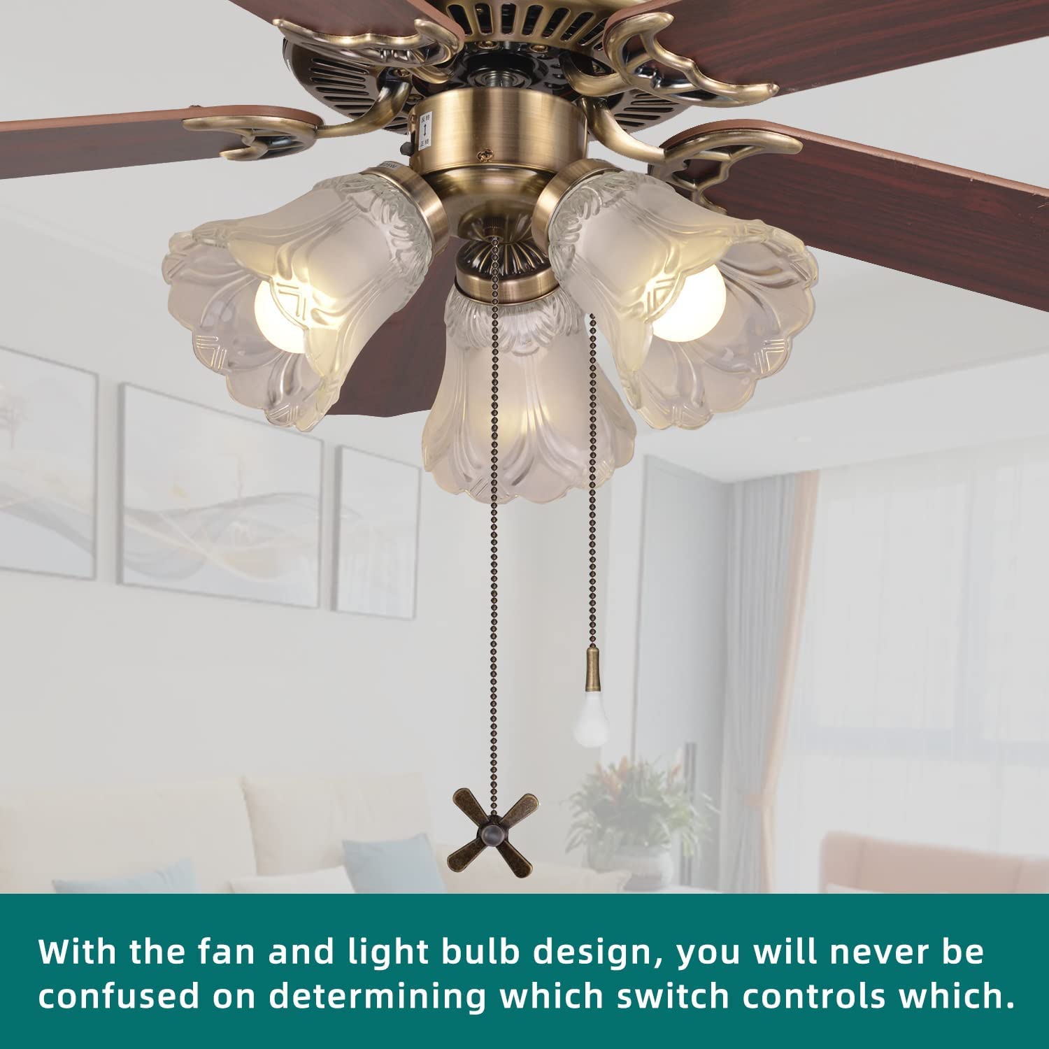 TWLITE 42 Inch Indoor Ceiling Fan with Pull-chain and Three LED Light Bulbs Base, Traditional 3-Speeds Reversible Blades Ceiling Fan (Antique)