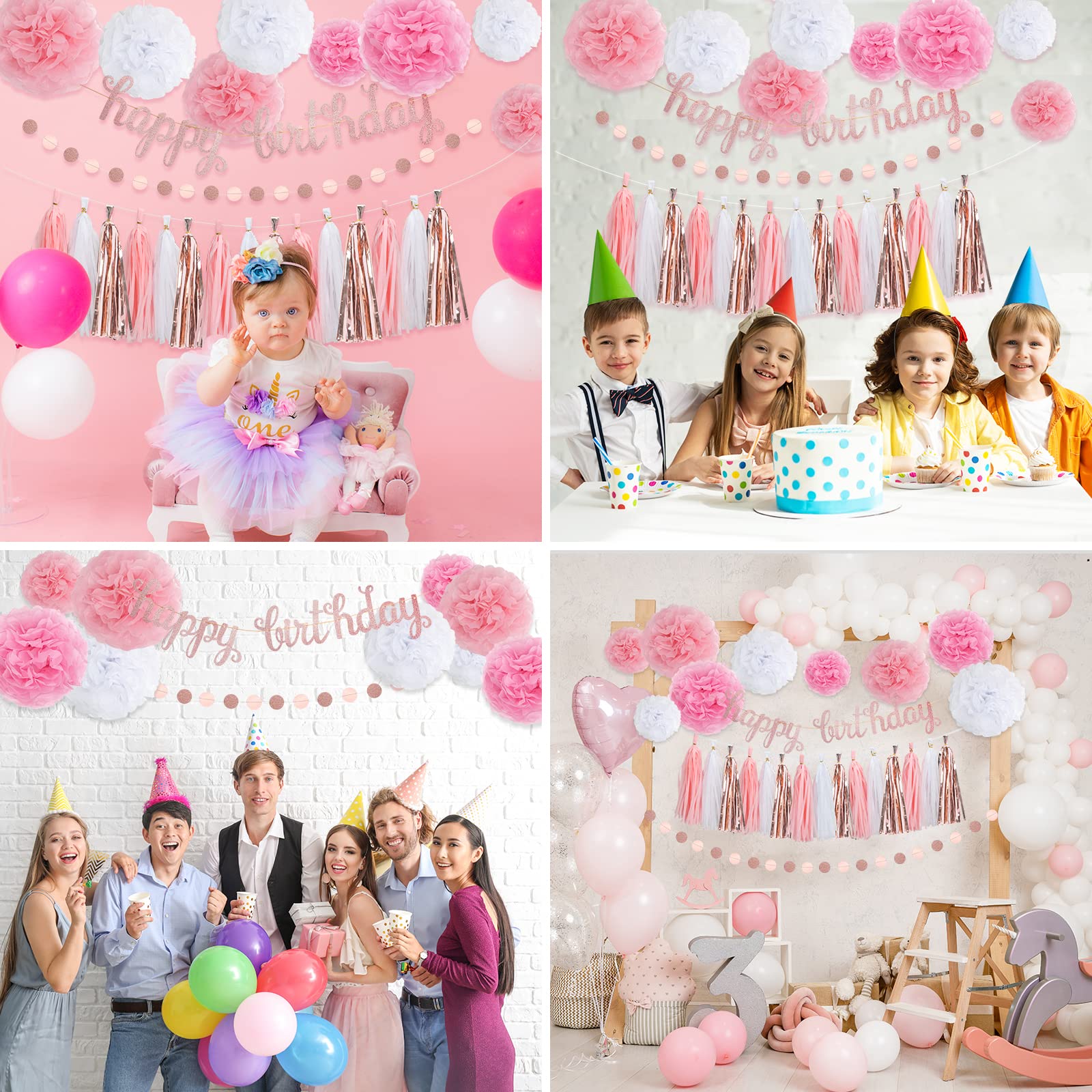 RUBFAC Rose Gold Pink Birthday Party Decorations Set with Happy Birthday Banner, Tissue Paper Pompoms, Circle Dots Garland and Paper Tassels Garland for Birthday Party Decorations Women Girls