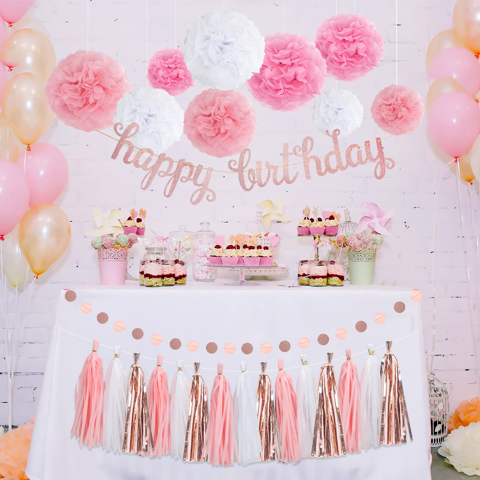 RUBFAC Rose Gold Pink Birthday Party Decorations Set with Happy Birthday Banner, Tissue Paper Pompoms, Circle Dots Garland and Paper Tassels Garland for Birthday Party Decorations Women Girls