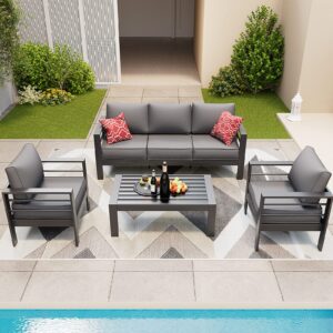 amopatio aluminum patio furniture set, 6 pieces modern patio conversation sets, outdoor sectional metal sofa with coffee table for balcony, garden, dark grey (included waterproof covers)