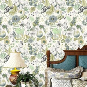 Wudnaye Floral Wallpaper Peel and Stick Wallpaper Floral Kitchen Wallpaper 17.7inch × 118.1inch Green Wallpaper Stick and Peel Wallpaper Plants Flower Wallpaper Decorative Contact Paper for Shelves