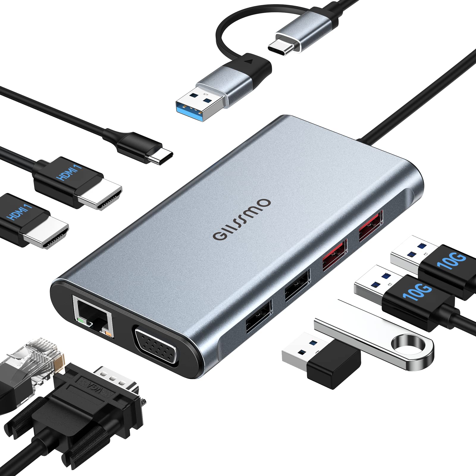 USB Docking Station Dual Monitor, GIISSMO 9-in-1 USB A 3.0 / USB C Docking Station Triple Monitor with 2 HDMI,VGA, 10Gbps USB 3.1, Gigabit Ethernet, Triple Display for Mac & MacBook & Windows Laptop