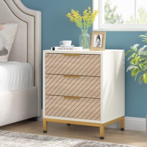 tribesigns night stands for bedrooms, white and gold light wood grain nightstands with 3 drawers bedside end tables storage for bedroom